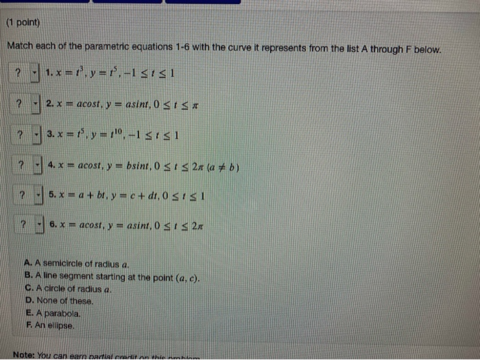 Solved (1 point) Match each of the parametric equations 1-6 | Chegg.com