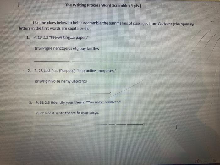 The Writing Process Word Scramble (6 pts.) Use the | Chegg.com