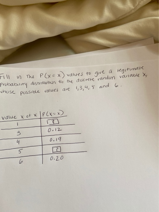 Solved Fill in the P(x=x) values to give a regitimate | Chegg.com