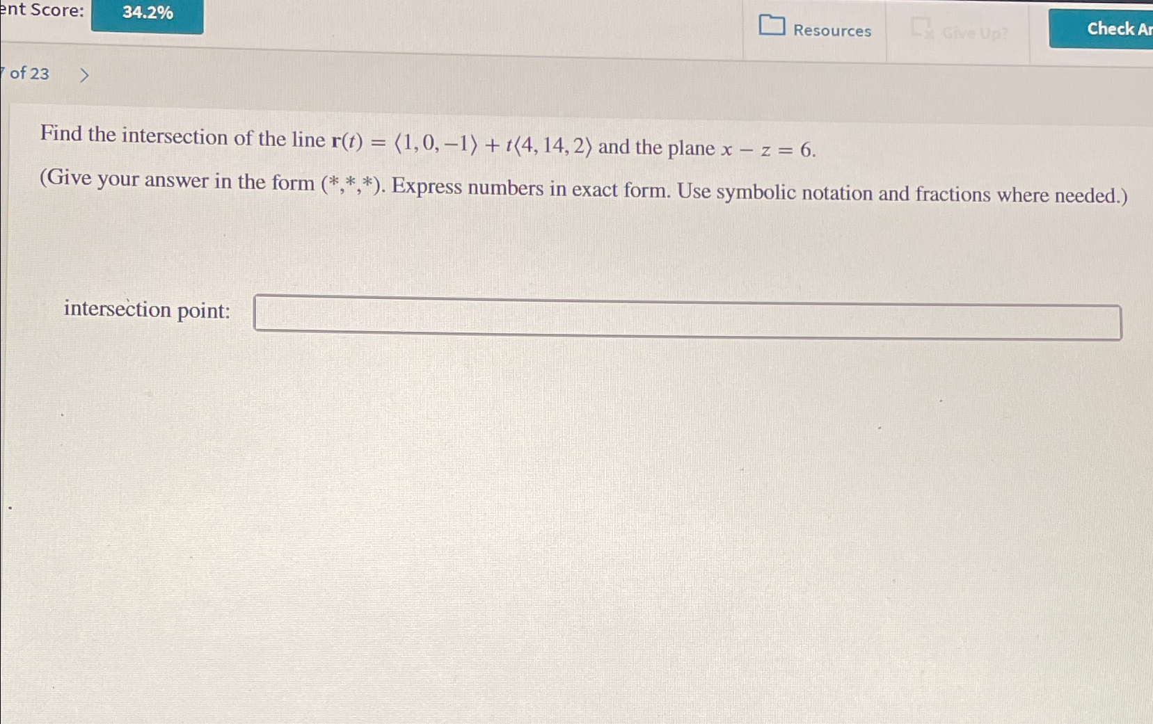 Solved Score:Resourcesof 23Find the intersection of the line | Chegg.com