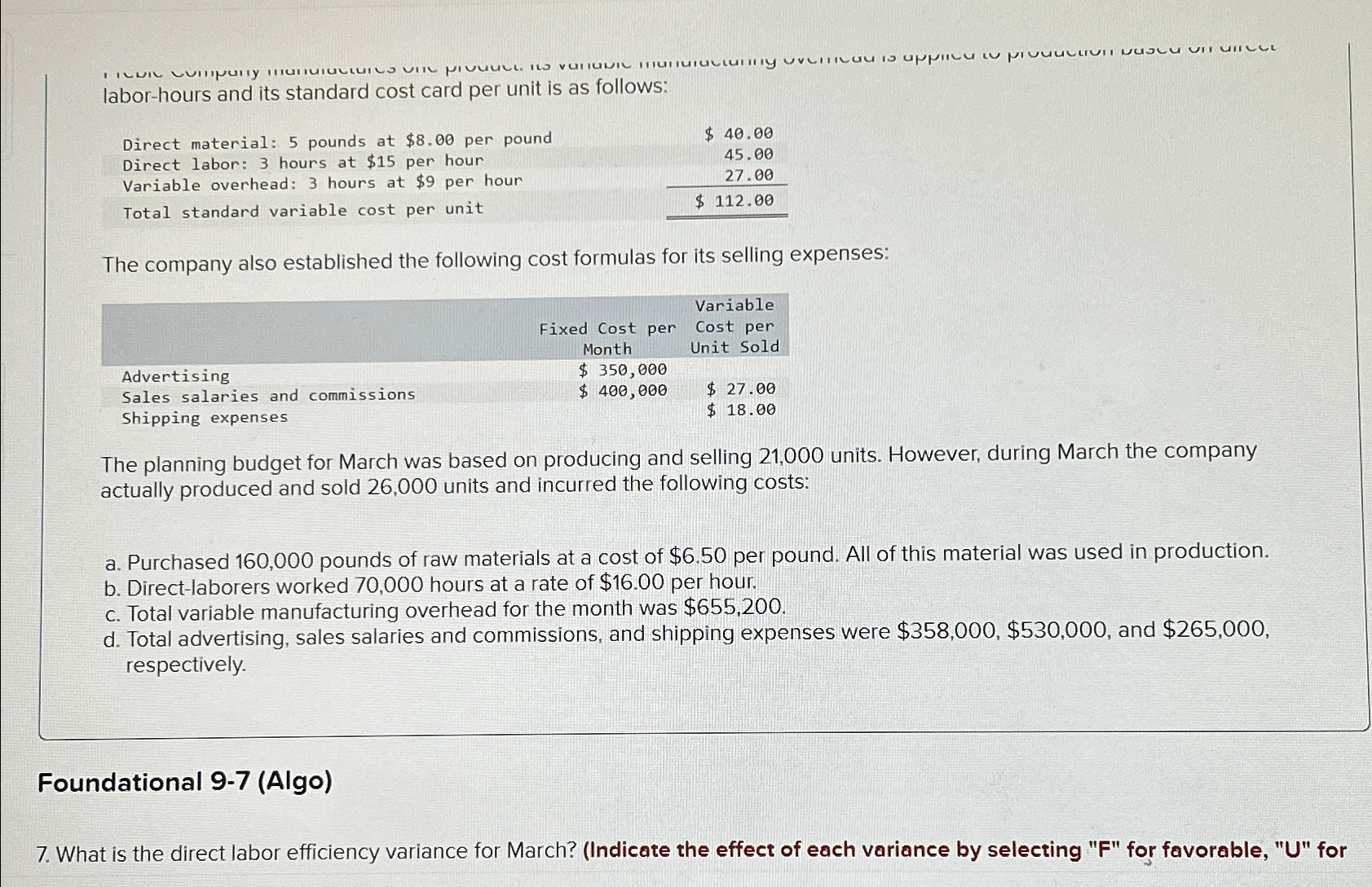 Solved labor-hours and its standard cost card per unit is as | Chegg.com