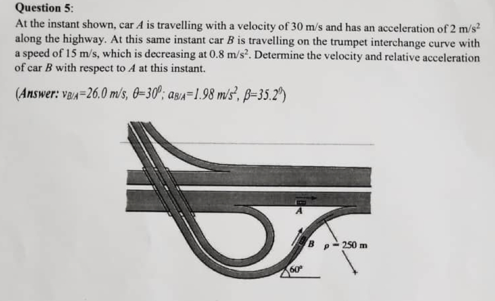 Solved Question 5:At the instant shown, car A ﻿is travelling | Chegg.com