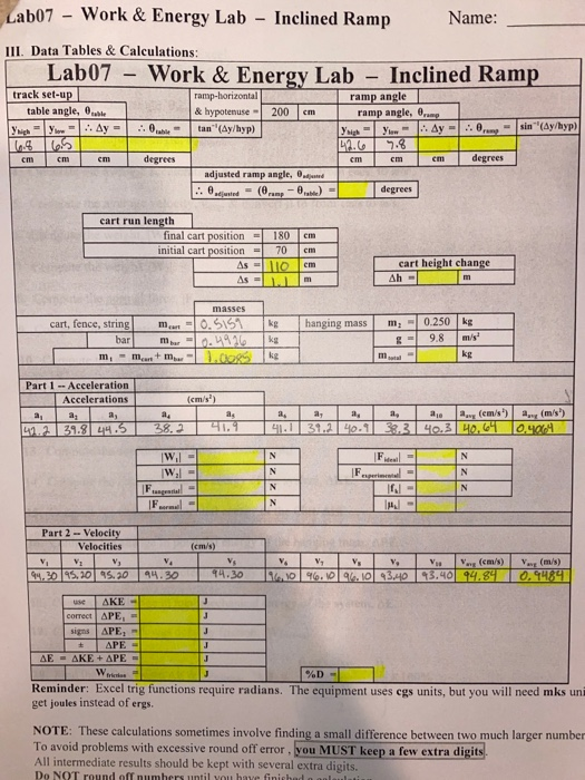 ork & Energy Lab - Inclined Ramp Name: III. Data | Chegg.com