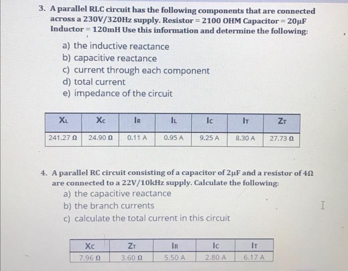 Solved 3. A parallel RLC circuit has the following | Chegg.com