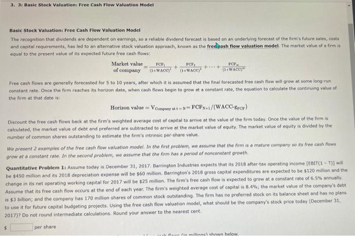 Solved 3. 3; Basie Stock Valuationt Free Cash Flow Valuation | Chegg.com