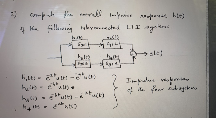 Solved 2) compute the overall impulse response hlt) of the | Chegg.com