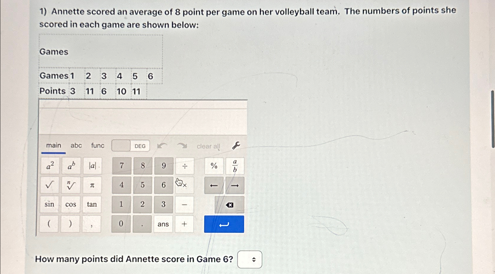 Solved Annette scored an average of 8 point per game on her | Chegg.com