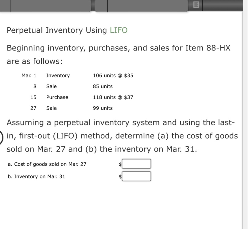 Solved Perpetual Inventory Using LIFOBeginning inventory, | Chegg.com