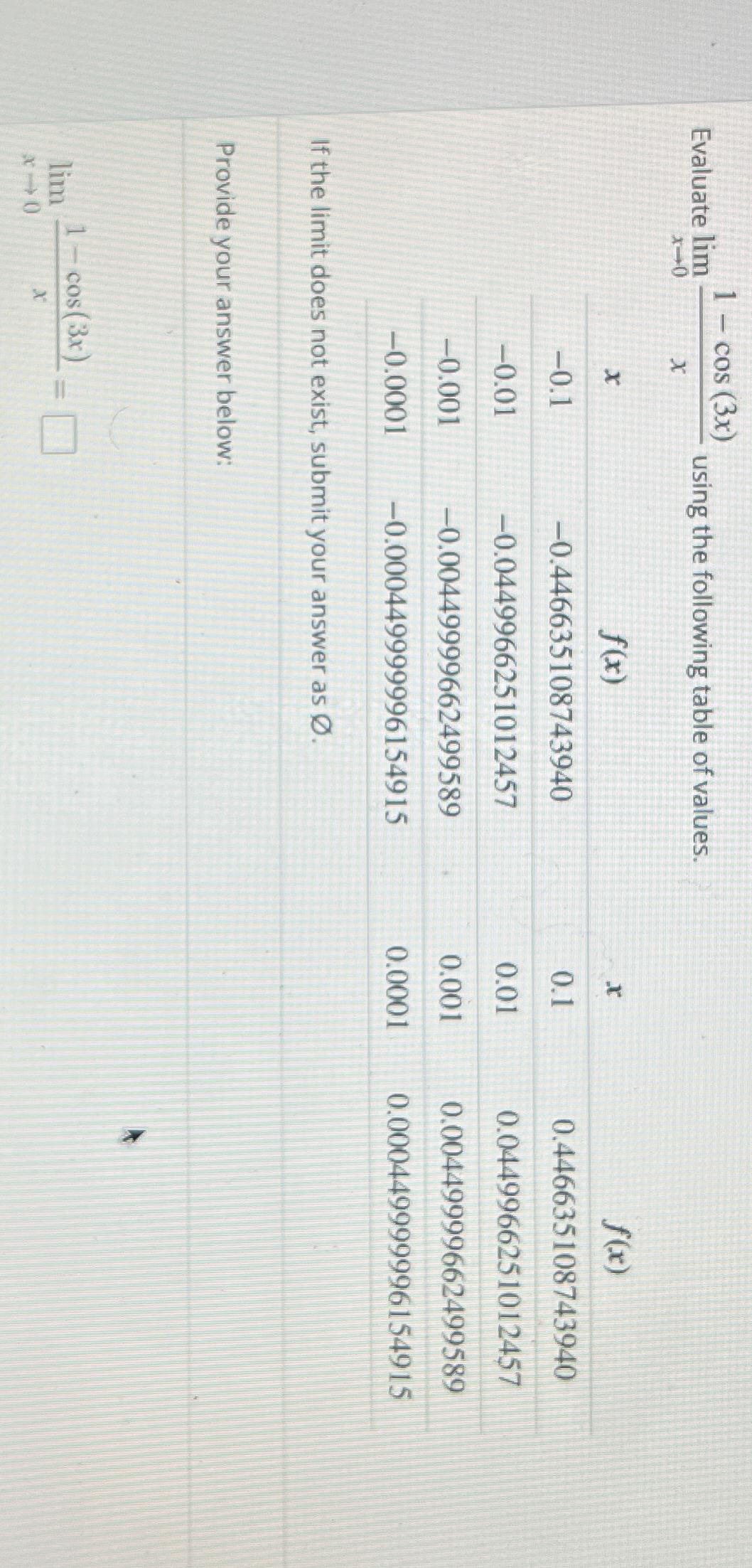 Solved Evaluate limx→01-cos(3x)x ﻿using the following table | Chegg.com
