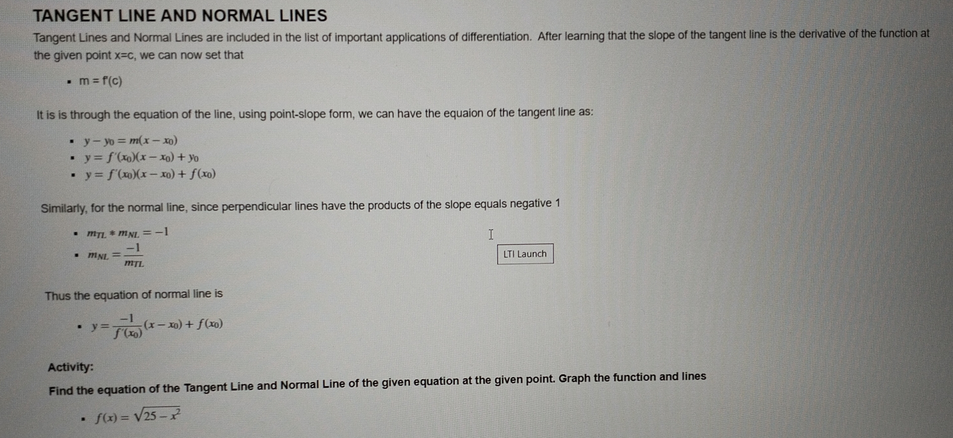 Solved TANGENT LINE AND NORMAL LINESTangent Lines and Normal | Chegg.com