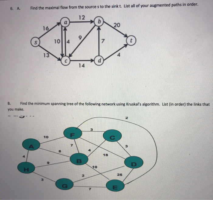 Solved 6. A. Find the maximal flow from the source s to the | Chegg.com