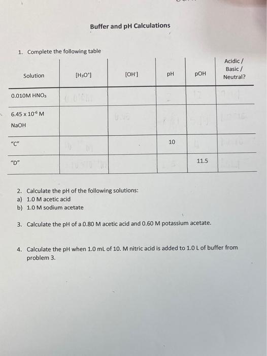 Solved Buffer and pH Calculations 1. Complete the following | Chegg.com
