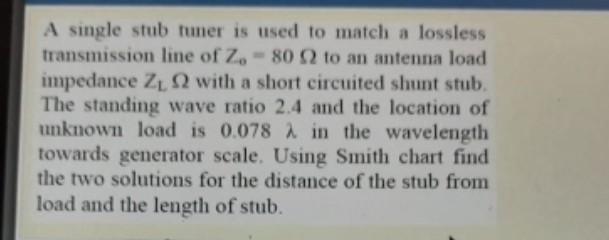A single stub tuner is used to match a lossless | Chegg.com