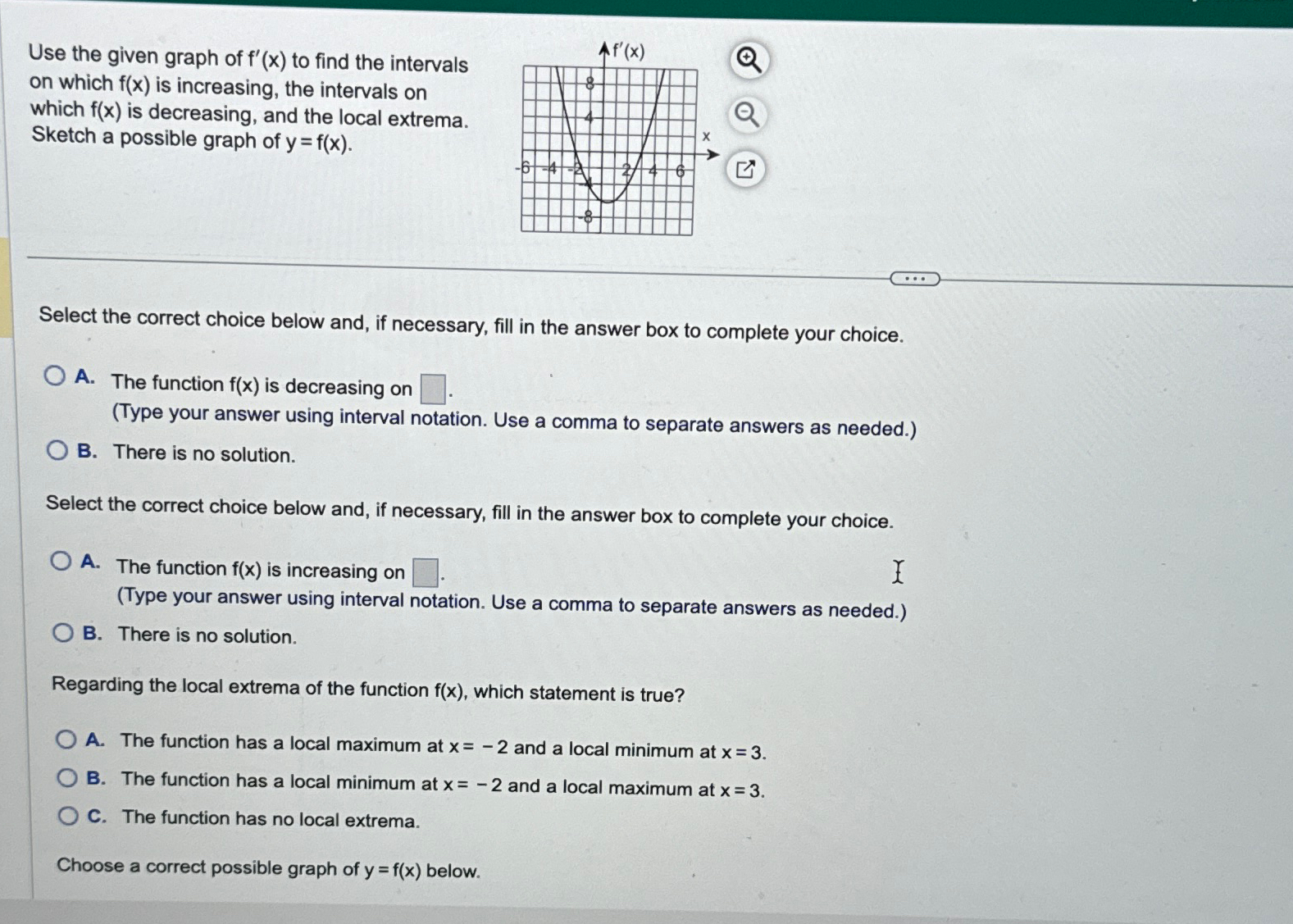 Solved Use the given graph of f'(x) ﻿to find the intervals | Chegg.com