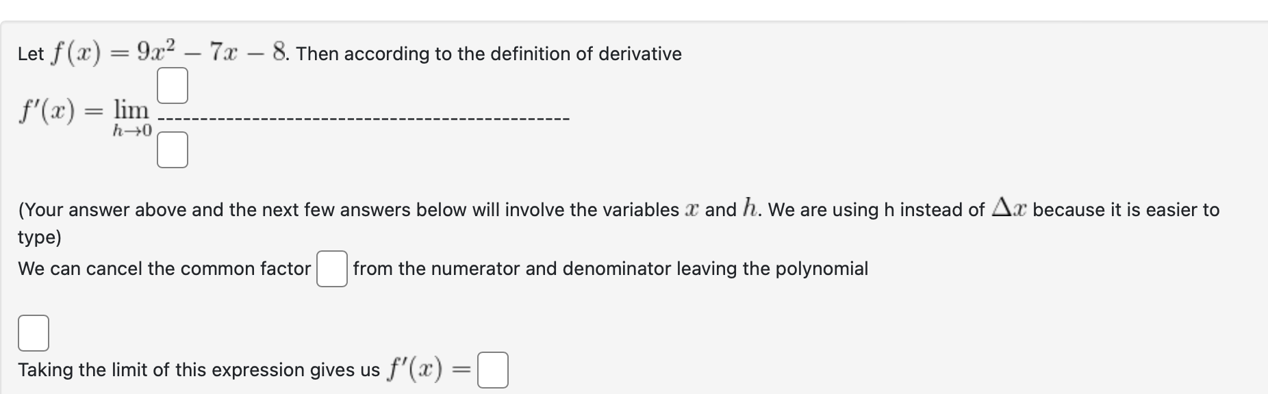 Solved Let f(x)=9x2-7x-8. ﻿Then according to the definition | Chegg.com