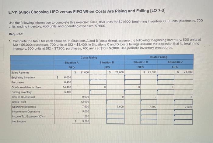 Solved E7-11 (Algo) Choosing LIFO versus FIFO When Costs Are | Chegg.com