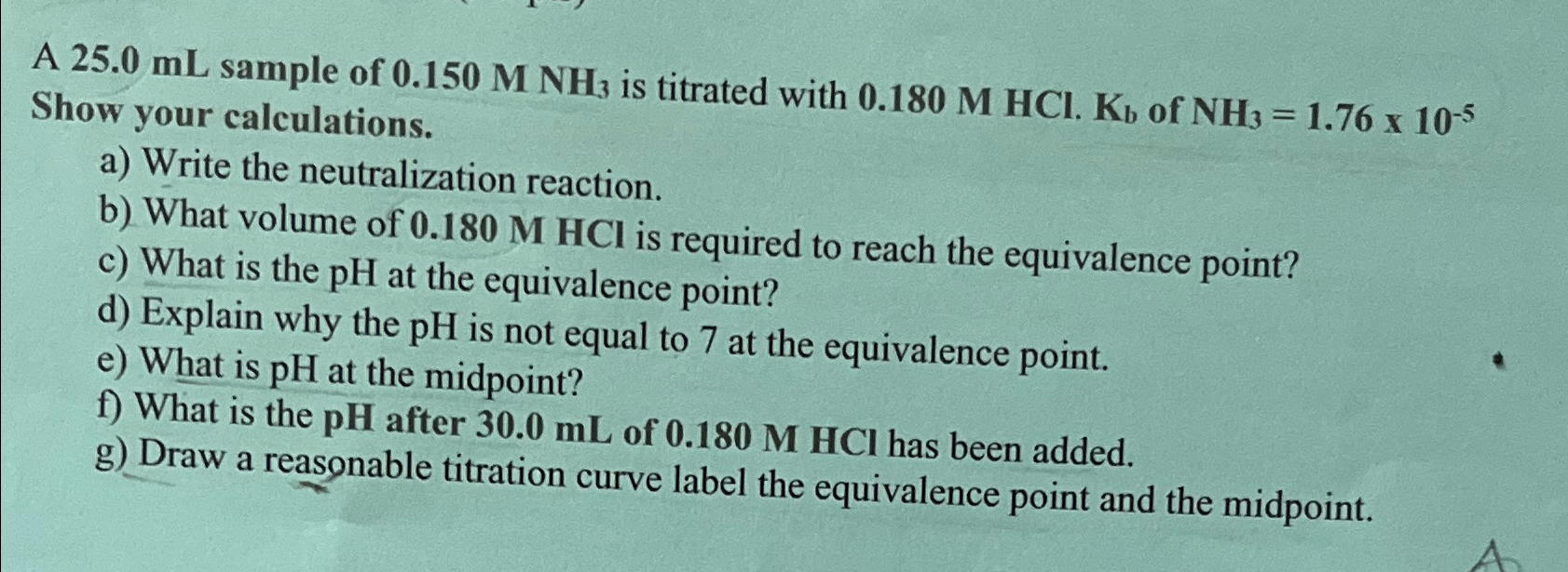 Solved A 25.0mL ﻿sample of 0.150MNH3 ﻿is titrated with | Chegg.com