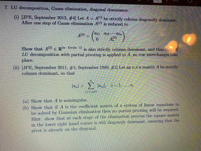 7. LU decomposition, Gauss elimination, diagonal | Chegg.com