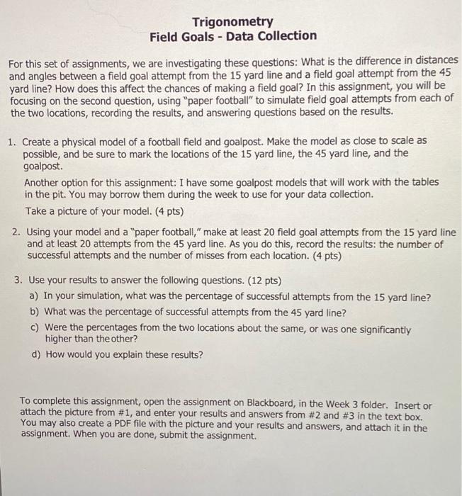Trigonometry Field Goals - Data Collection For this | Chegg.com