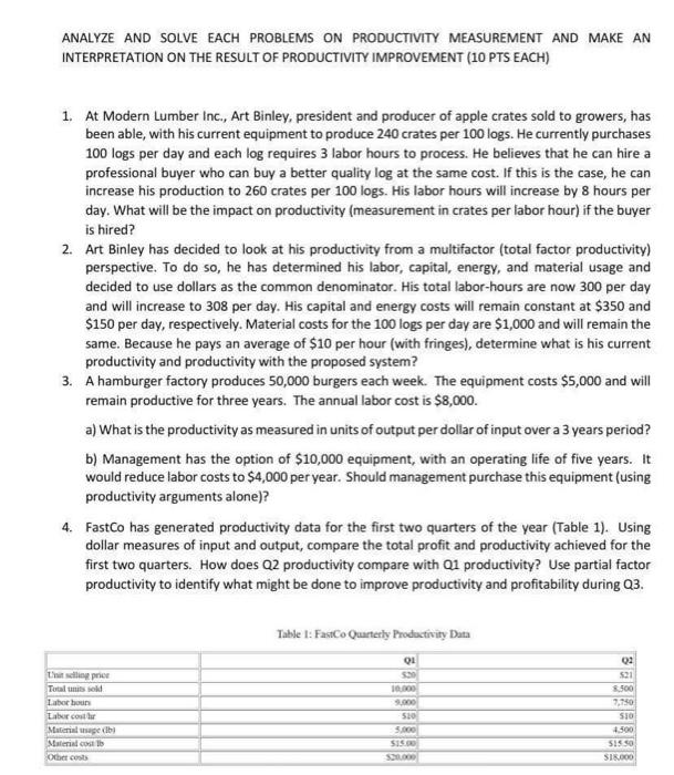 Solved ANALYZE AND SOLVE EACH PROBLEMS ON PRODUCTIVITY | Chegg.com