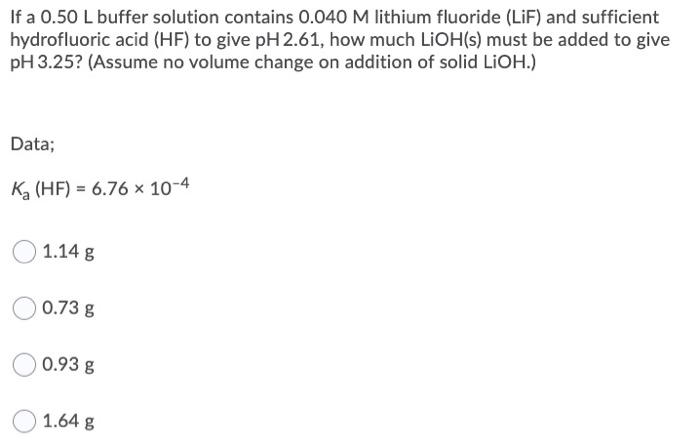 Solved If a 0.50 L buffer solution contains 0.040 M lithium | Chegg.com