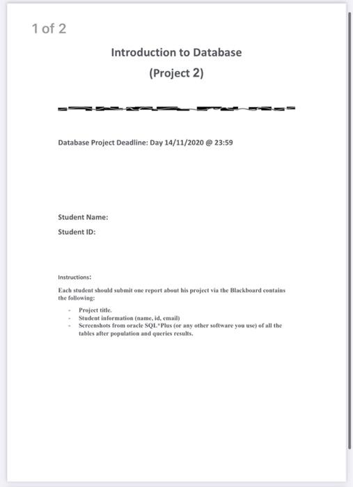 Solved 1 of 2 Introduction to Database (Project 2) Database | Chegg.com