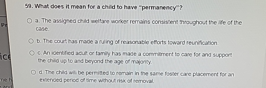 Solved What does it mean for a child to have "permanency"?a. | Chegg.com