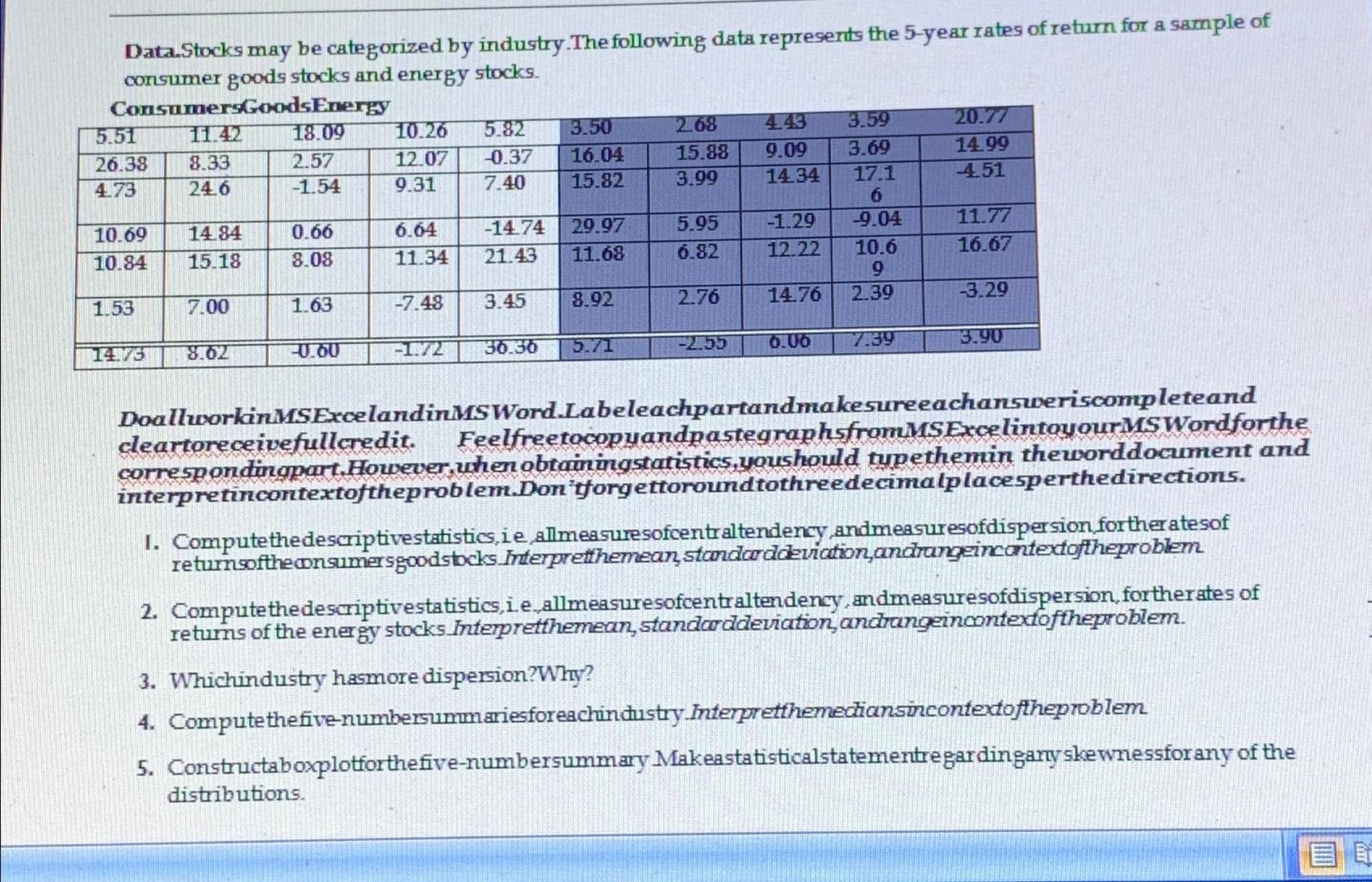 Solved Data.Stocks may be categorized by industry. The | Chegg.com