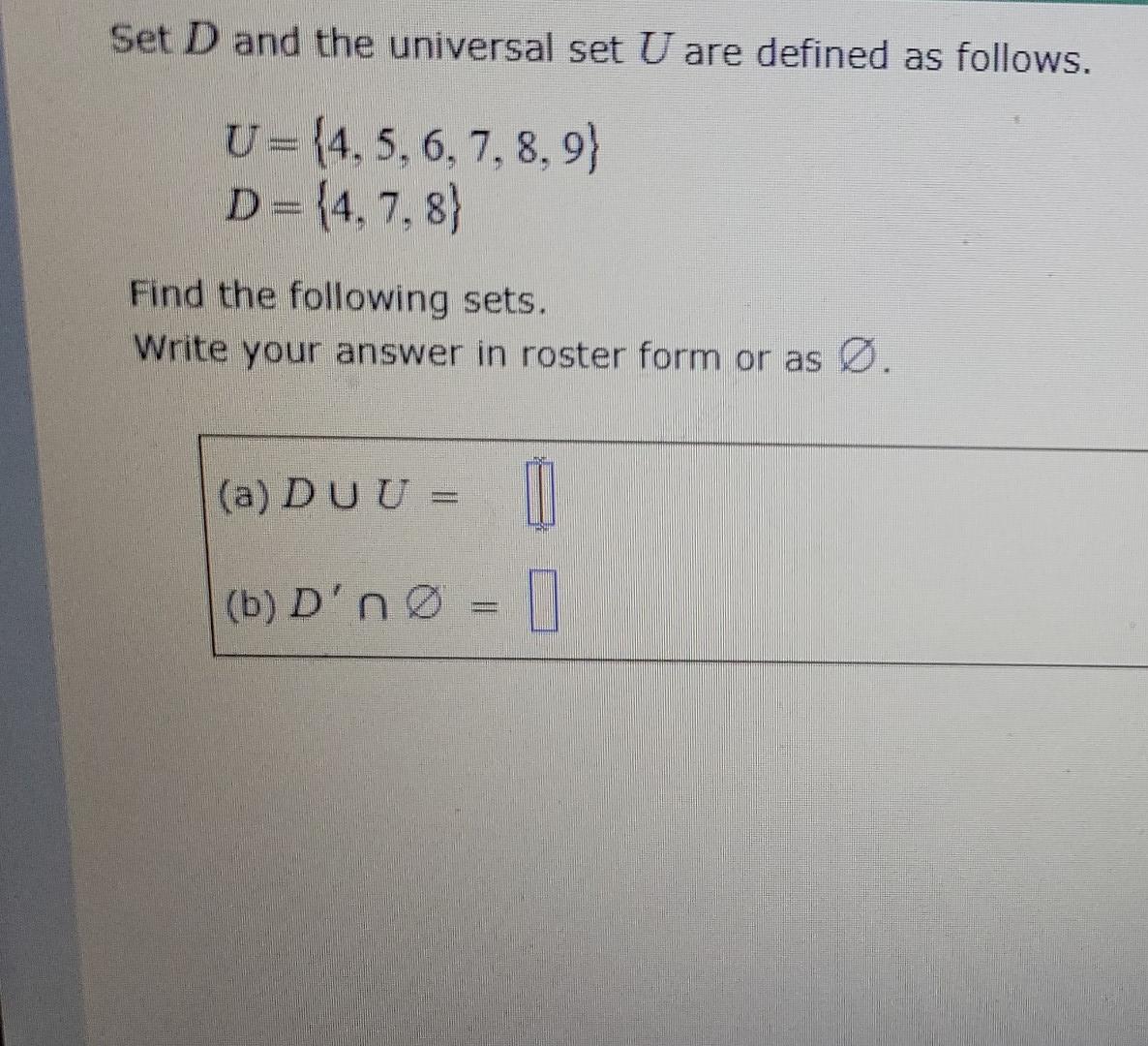 Solved Set D and the universal set U are defined as follows. | Chegg.com