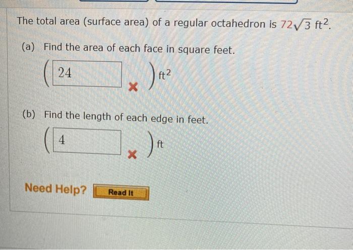 Solved The total area (surface area) of a regular octahedron | Chegg.com