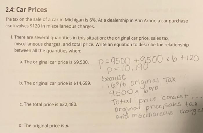 Solved 2.4: Car Prices The tax on the sale of a car in | Chegg.com