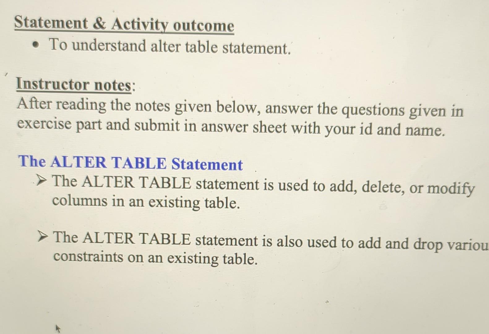 Solved Statement \& Activity outcome - To understand alter | Chegg.com