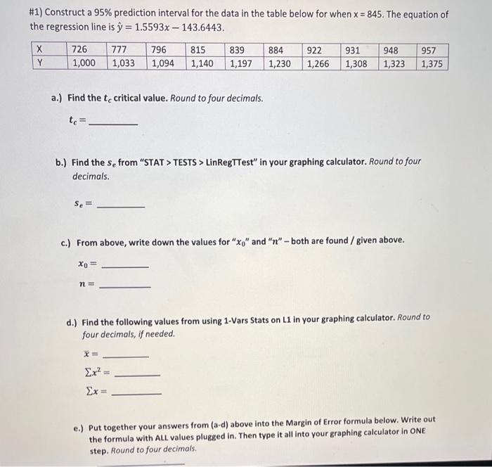 Solved \#1) Construct a 95% prediction interval for the data | Chegg.com