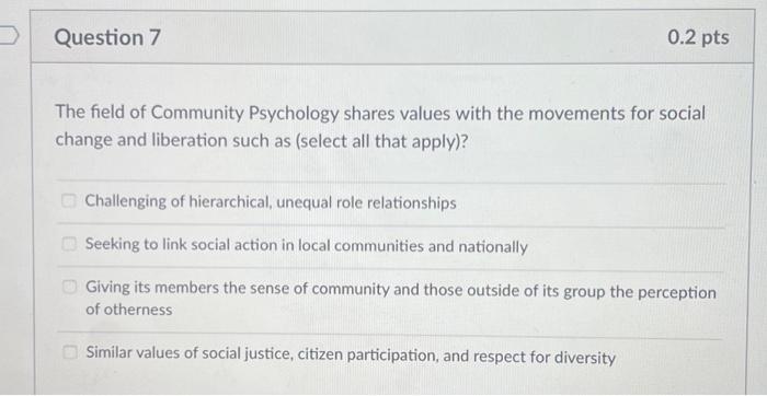 Solved The field of Community Psychology shares values with | Chegg.com