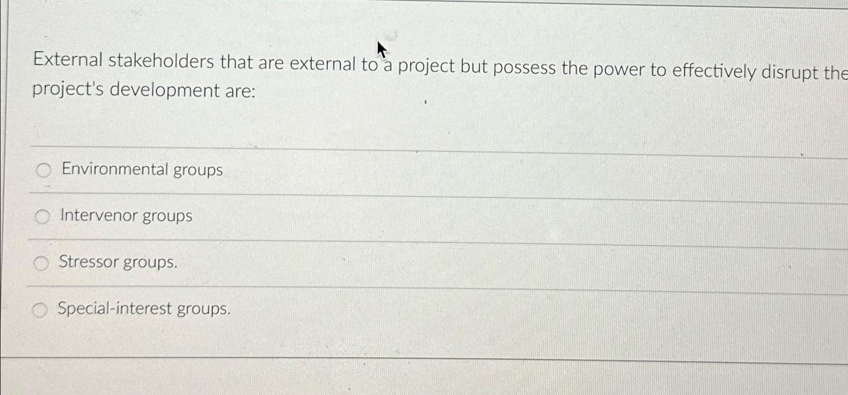 Solved External stakeholders that are external to a project | Chegg.com