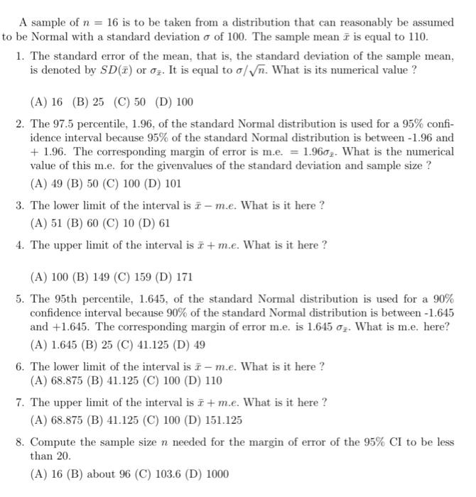 Solved A sample of n = 16 is to be taken from a distribution | Chegg.com