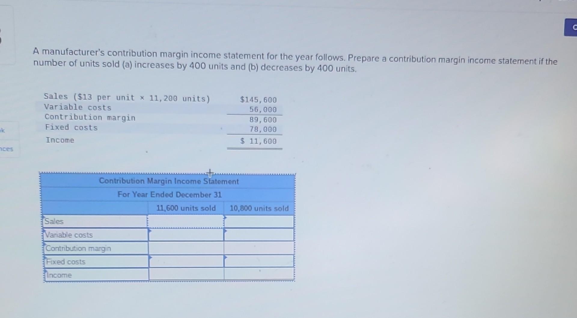 Solved A Manufacturers Contribution Margin Income Statement