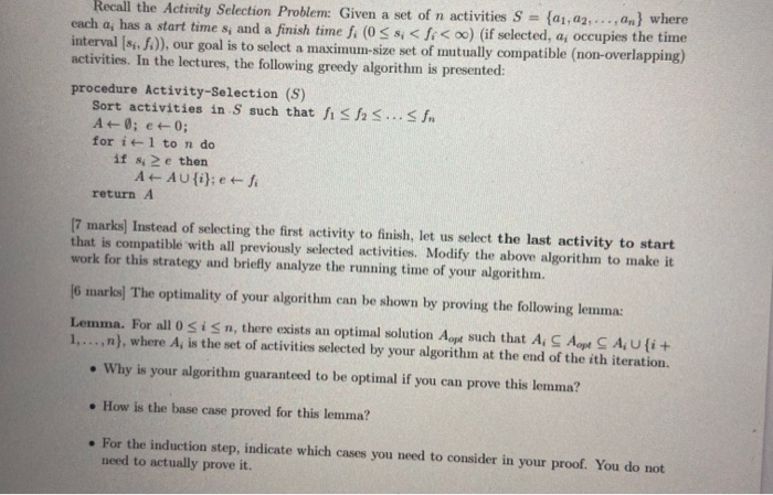 Solved Recall the Activity Selection Problem: Given a set of | Chegg.com