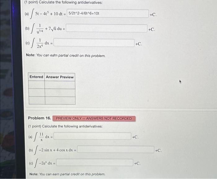 Solved (1 point) Calculate the following antiderivatives: | Chegg.com