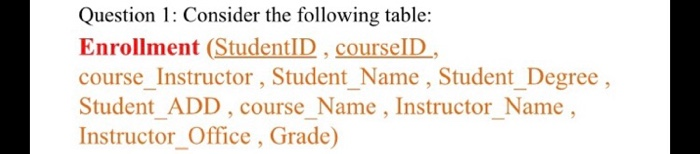 Solved Question 1: Consider the following table Enrollment | Chegg.com
