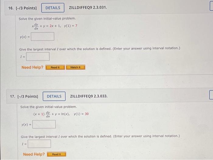 Solved -/3 Points] ZILLDIFFEQ9 2.3 .031 \). Solve the given | Chegg.com