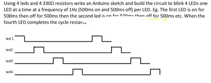 Solved Using 4 leds and 4 3300 resistors write an Arduino | Chegg.com