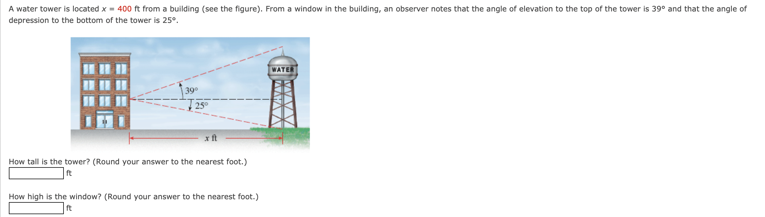 Solved A water tower is located x = 400 ﻿ft from a building | Chegg.com