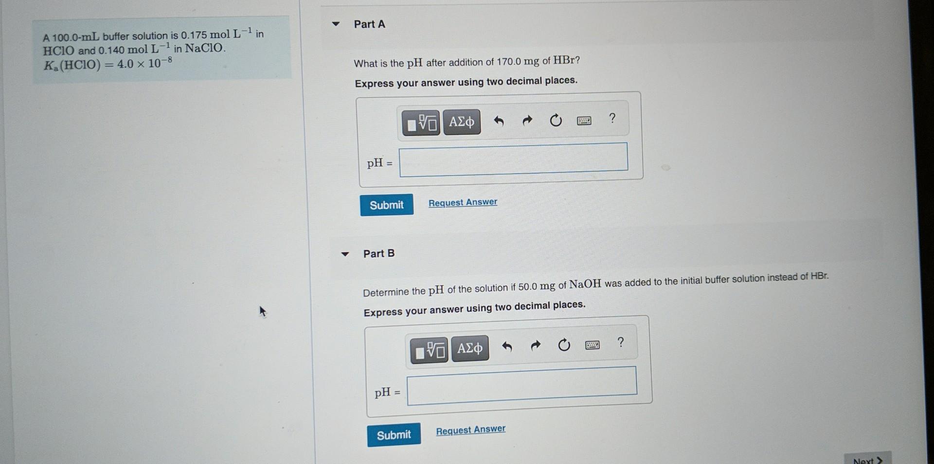 Solved A 100.0-mL buffer solution is 0.175 mol L−1 in HClO | Chegg.com