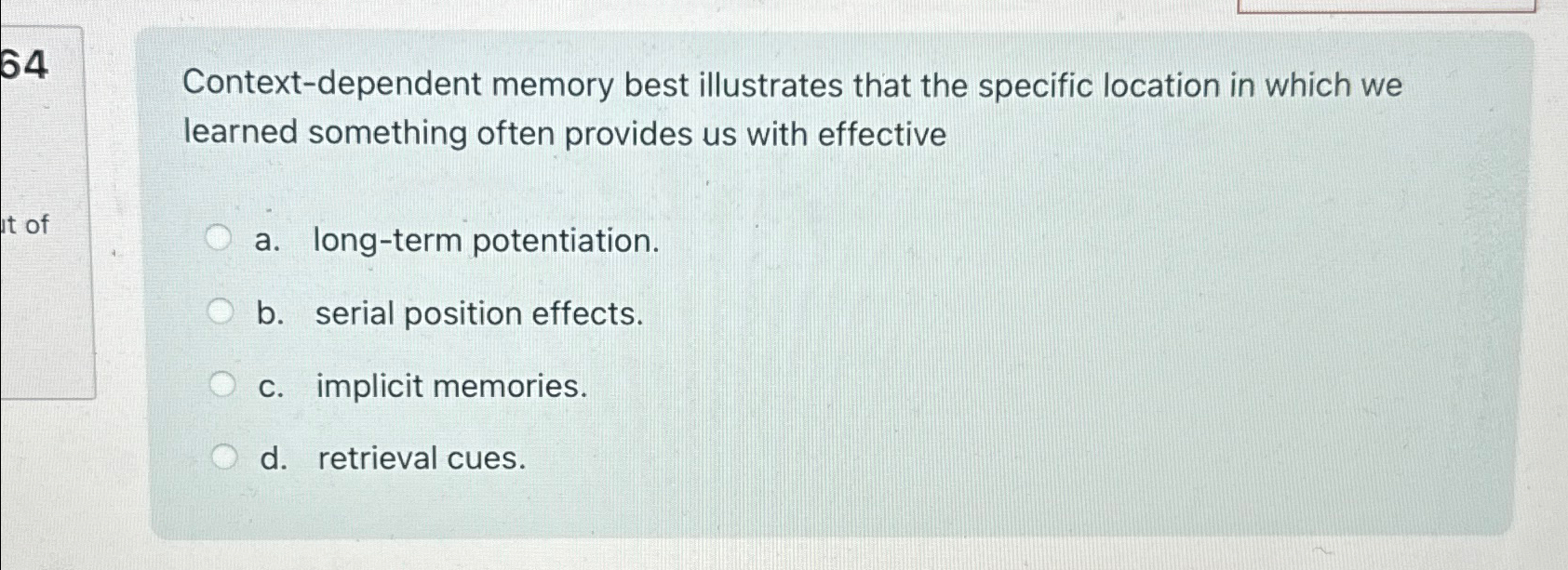 Solved 64Context-dependent memory best illustrates that the | Chegg.com