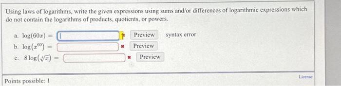 Solved Using laws of logarithms, write the given expressions | Chegg.com