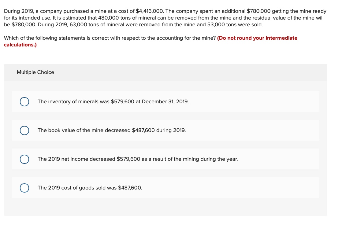 Solved During 2019, ﻿a company purchased a mine at a cost of | Chegg.com