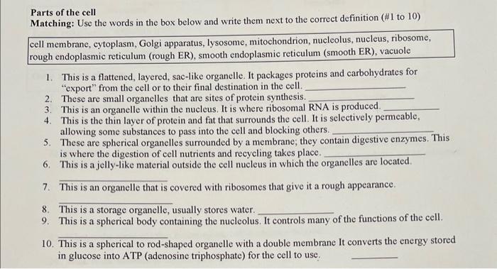 Solved Parts of the cell Matching: Use the words in the box | Chegg.com