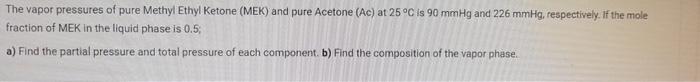 Solved The vapor pressures of pure Methyl Ethyl Ketone (MEK) | Chegg.com