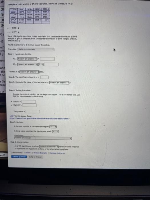 Solved bir A sample of birth weights of 27 pris was taken | Chegg.com